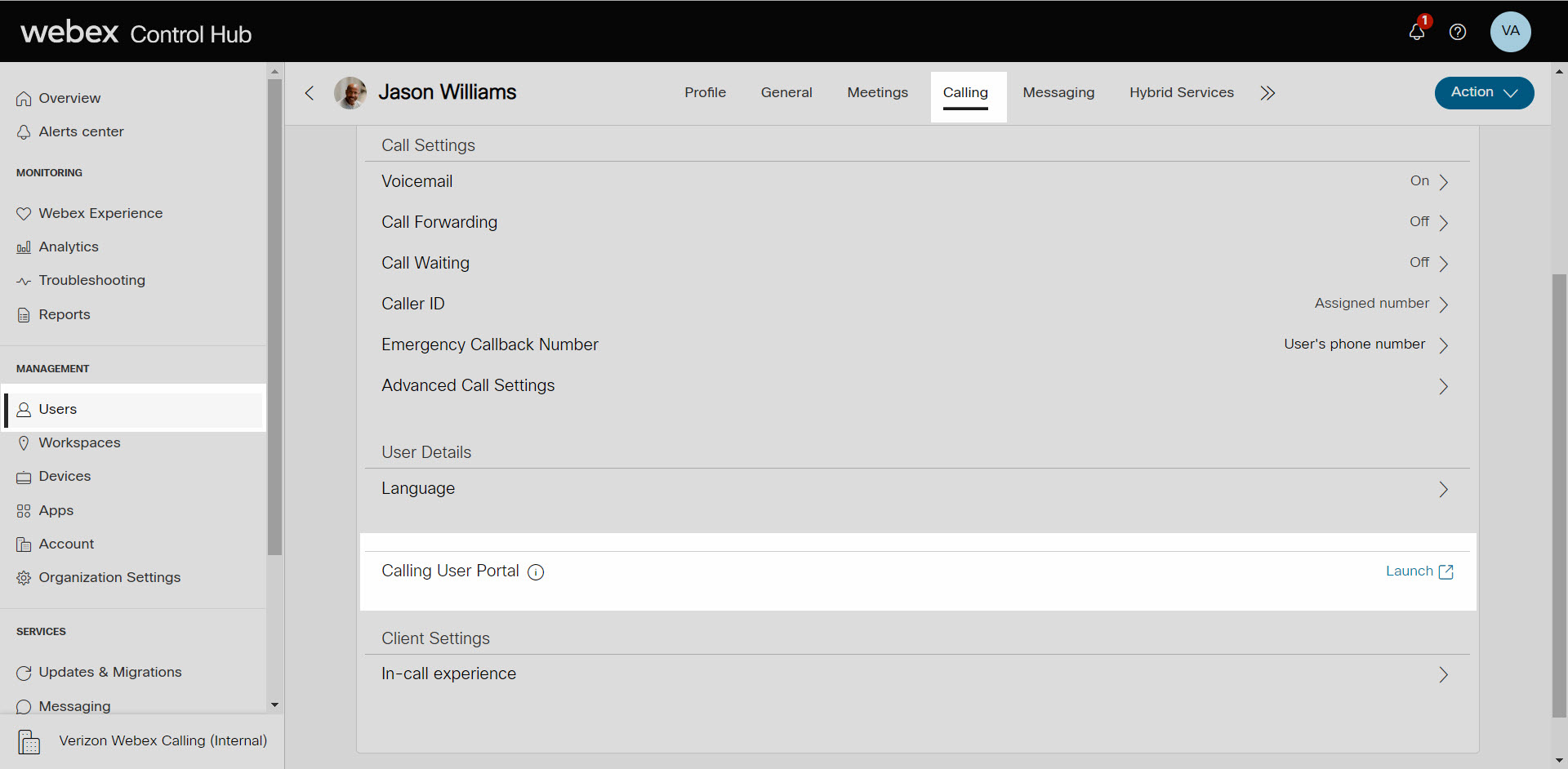 Control Hub - Administrator Access to the Calling User Portal - Verizon